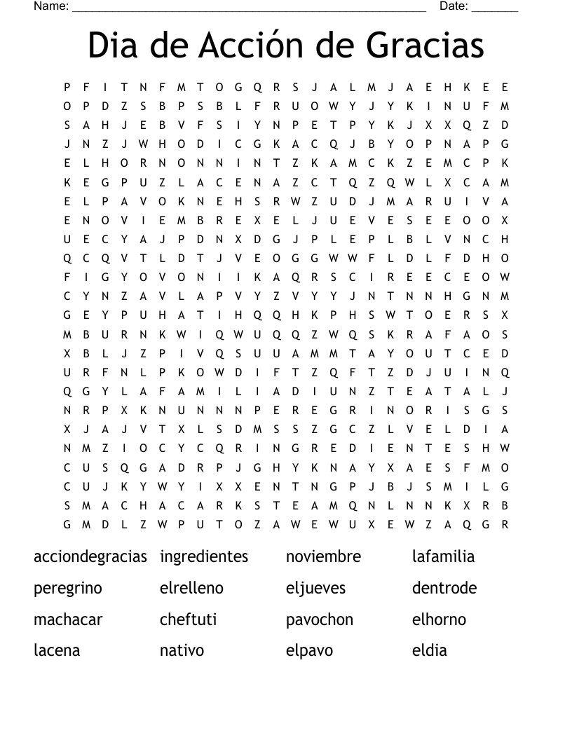 Dia de Acción de Gracias Word Search - WordMint