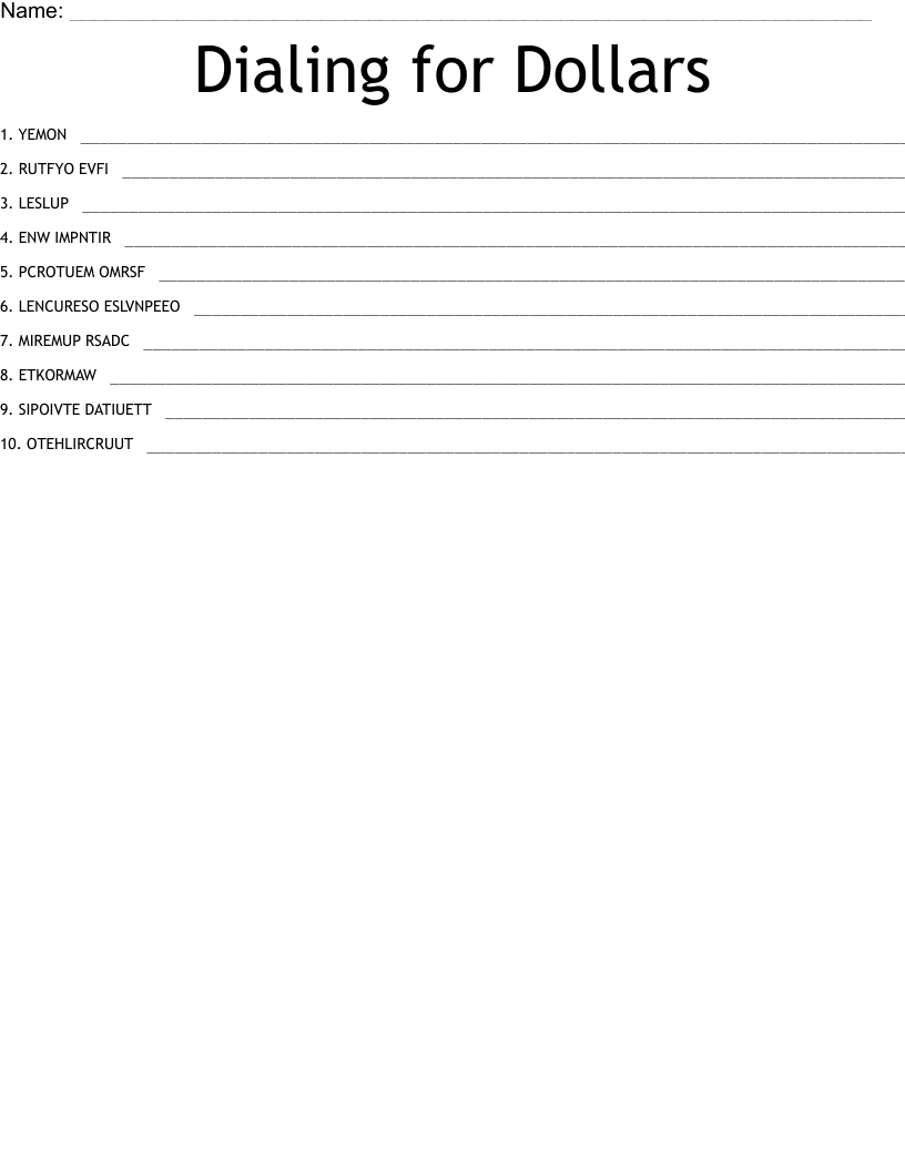 Dialing for Dollars Word Scramble - WordMint