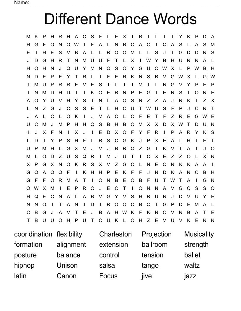 Different Dance Words Word Search WordMint