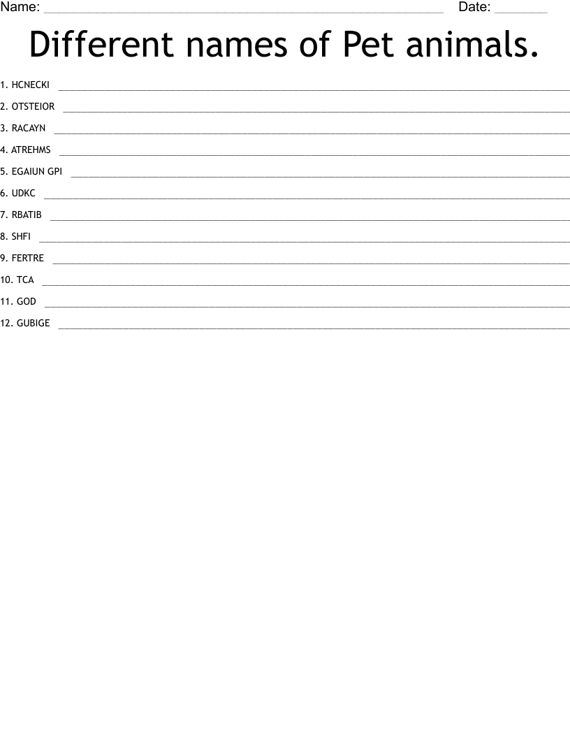 Different names of Pet animals. Word Scramble - WordMint