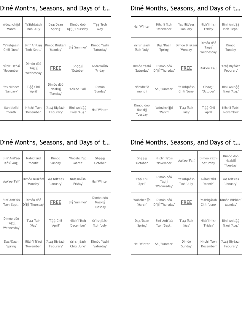 Diné Months, Seasons, and Days of the Week Bingo Cards - WordMint