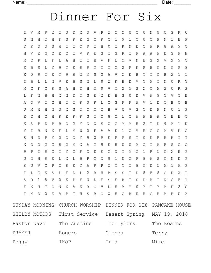 Dinner For Six Word Search - WordMint