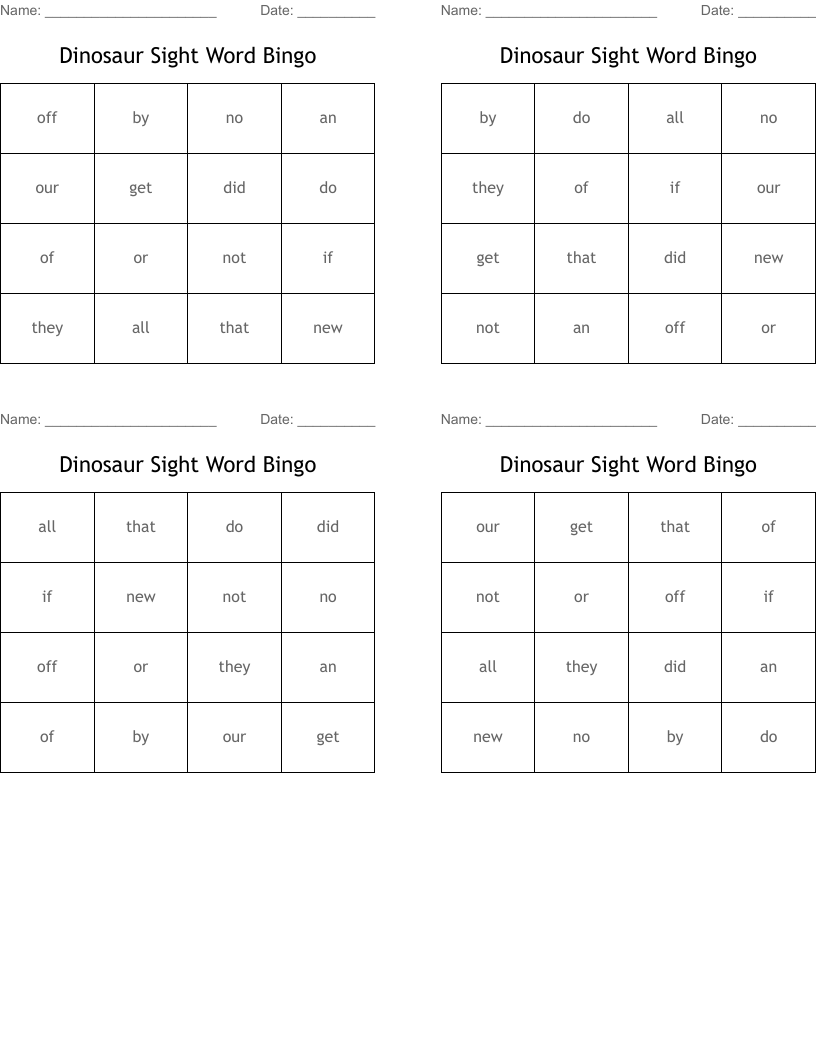 Dinosaur Sight Word Bingo - WordMint