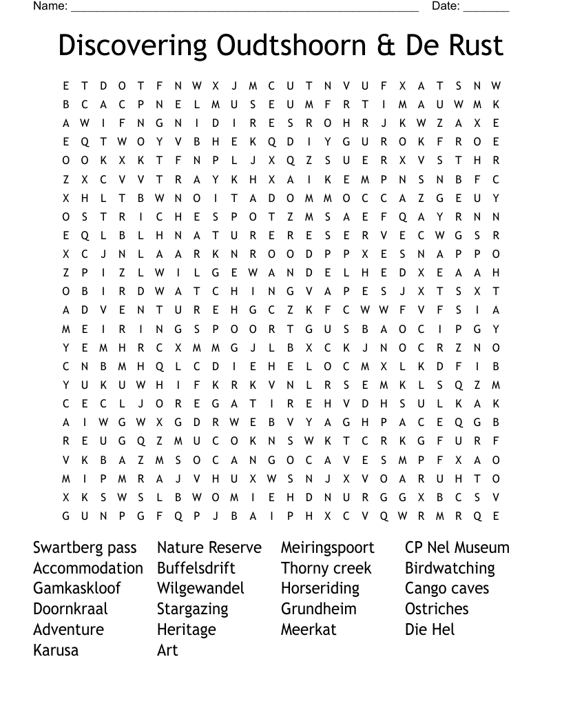 Discovering Oudtshoorn & De Rust Word Search - WordMint