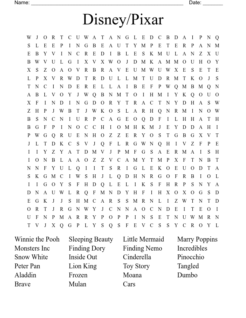 Disney Pixar Word Search WordMint