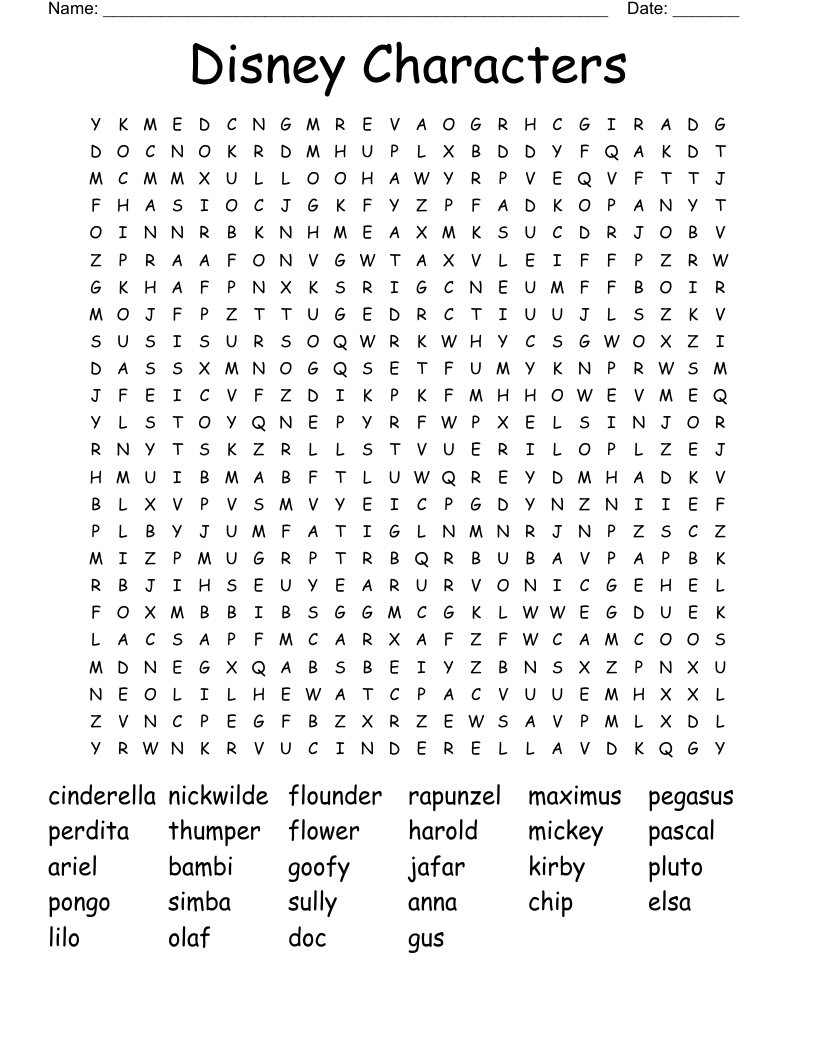 Disney Characters Word Search WordMint