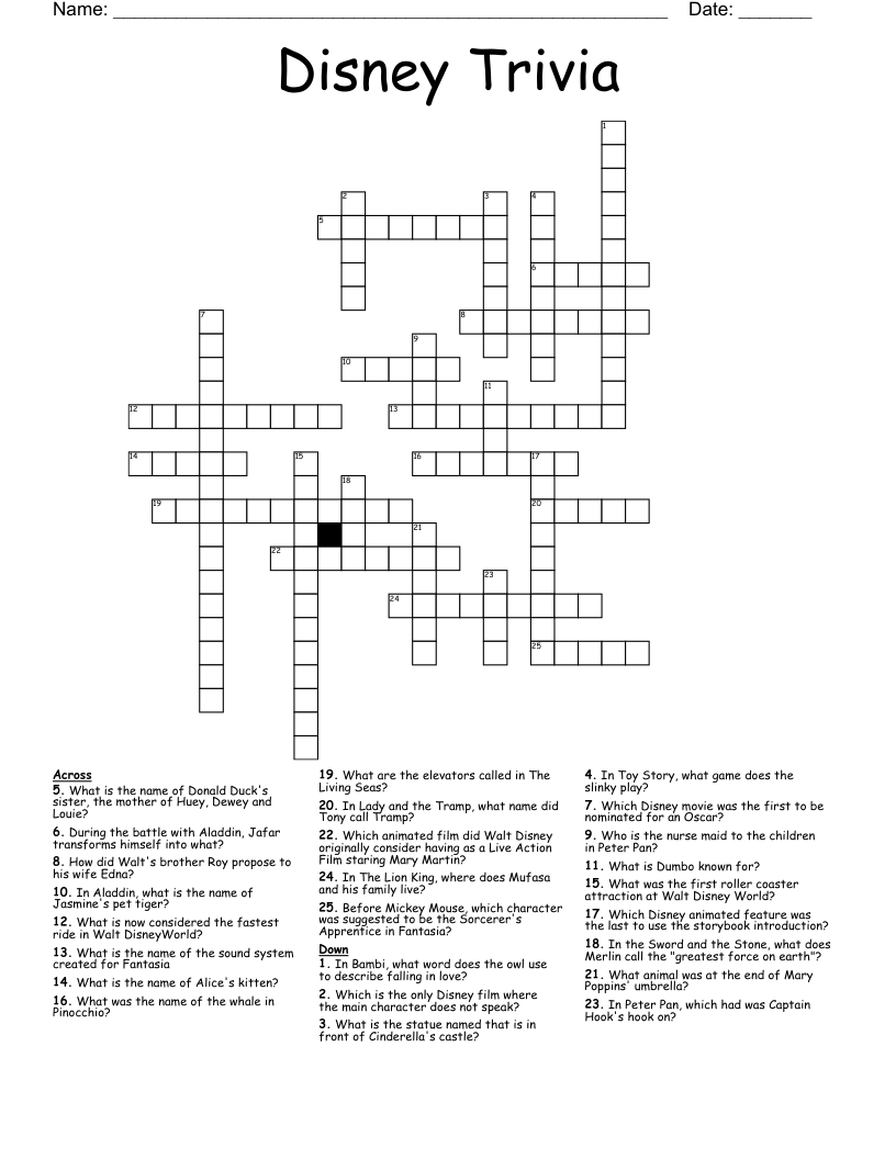 Disney Crossword Printable