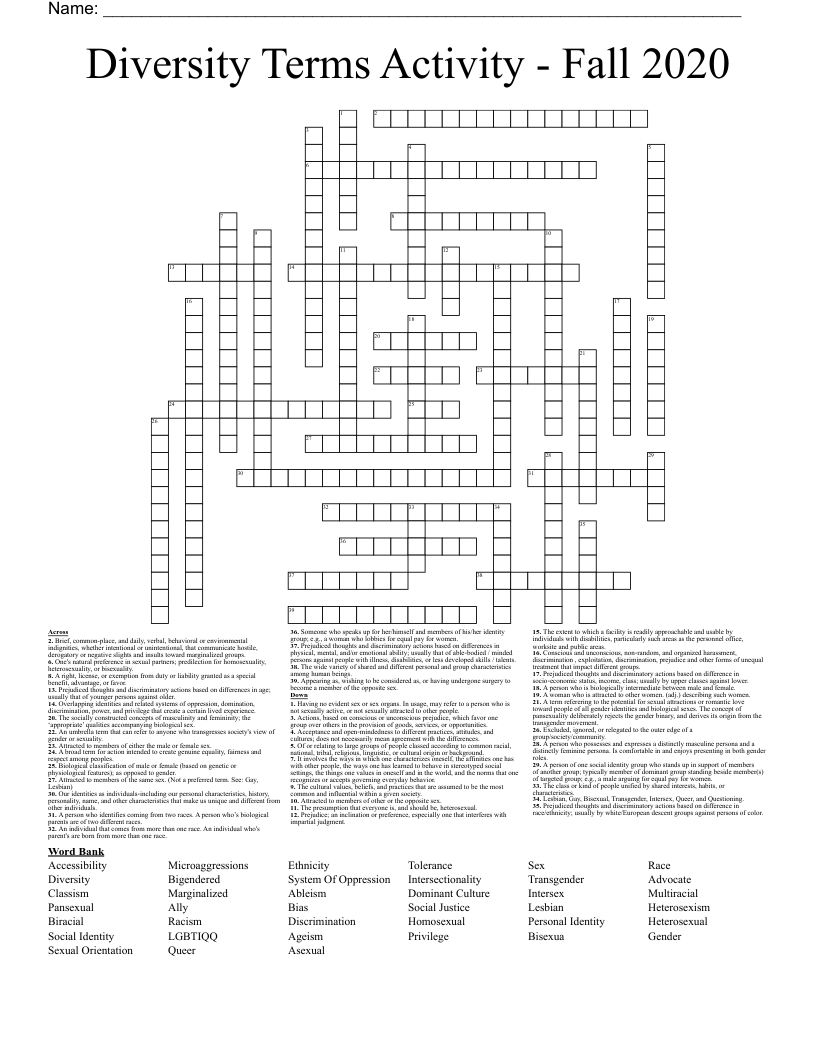 Diversity Terms Activity - Fall 2020 Crossword - WordMint