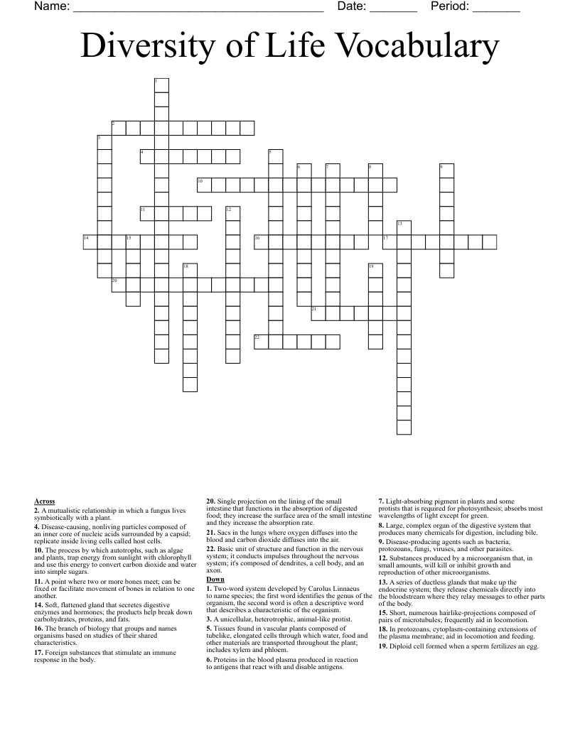 Diversity of Life Vocabulary Crossword - WordMint