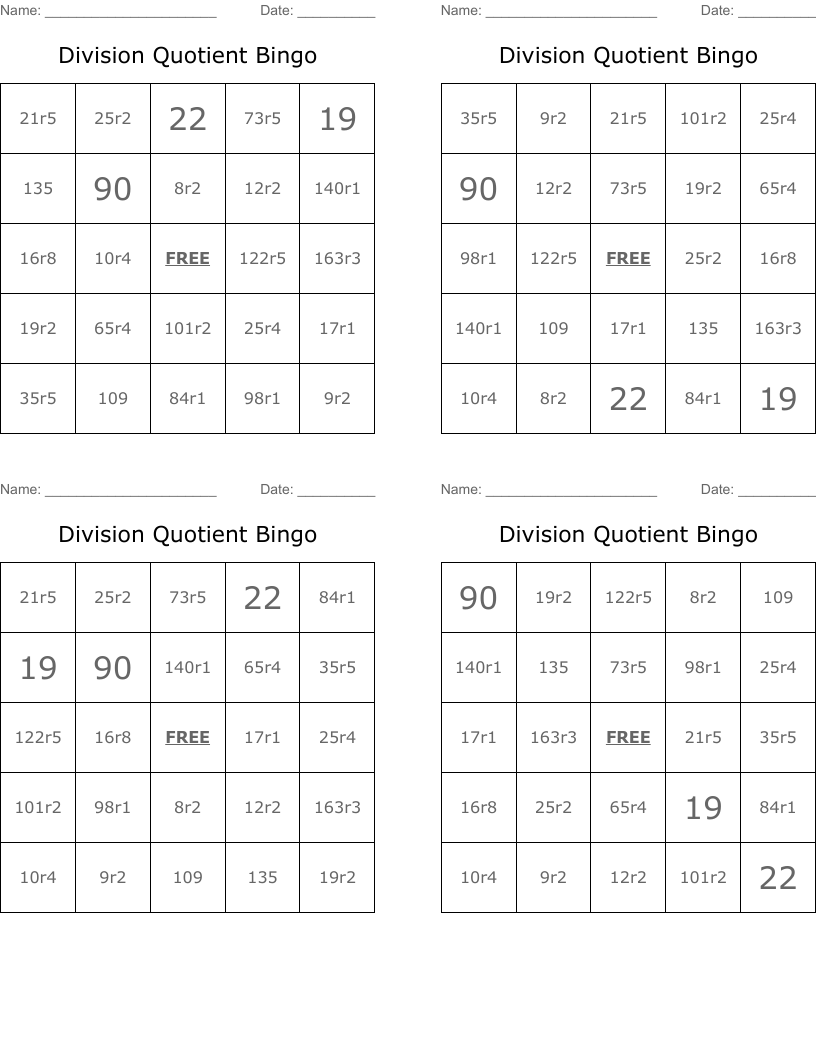 Division Quotient Bingo - WordMint