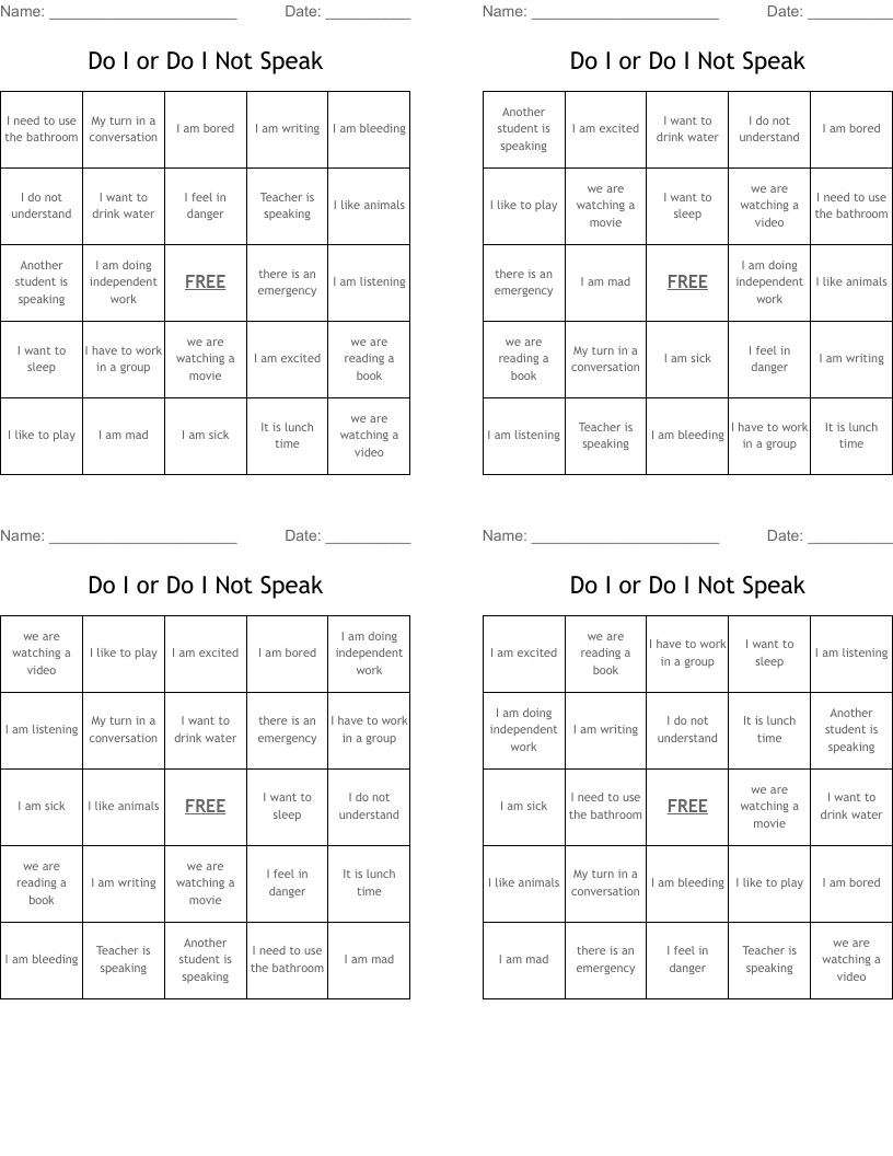 Do I or Do I Not Speak Bingo Cards - WordMint