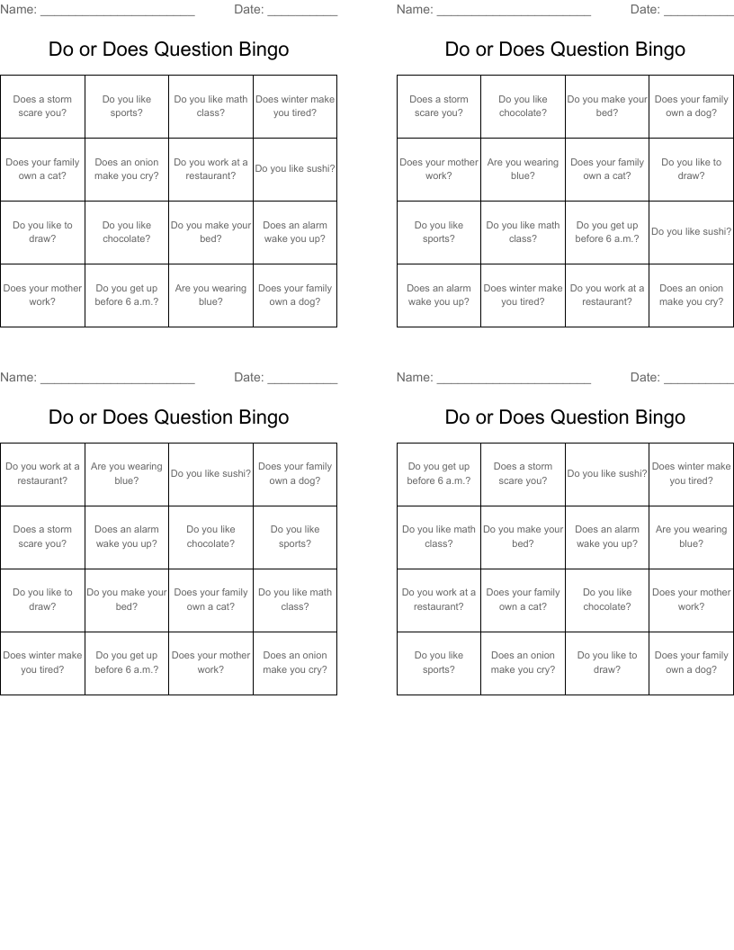 Do or Does Question Bingo - WordMint