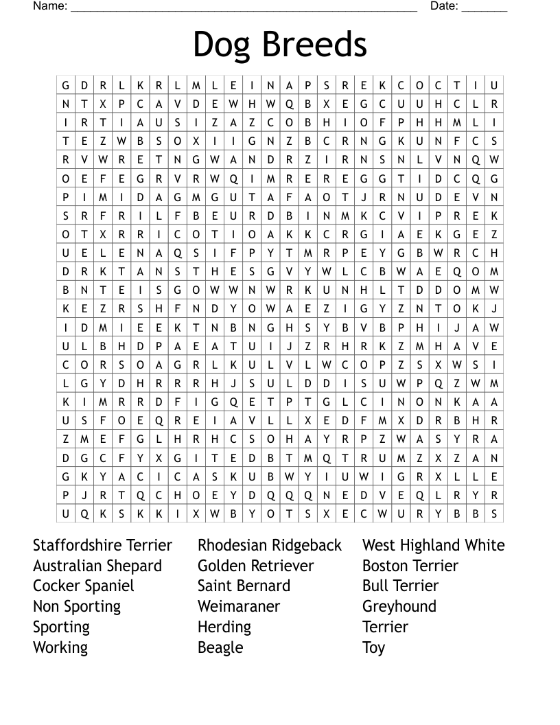 Dog Breeds Word Search WordMint
