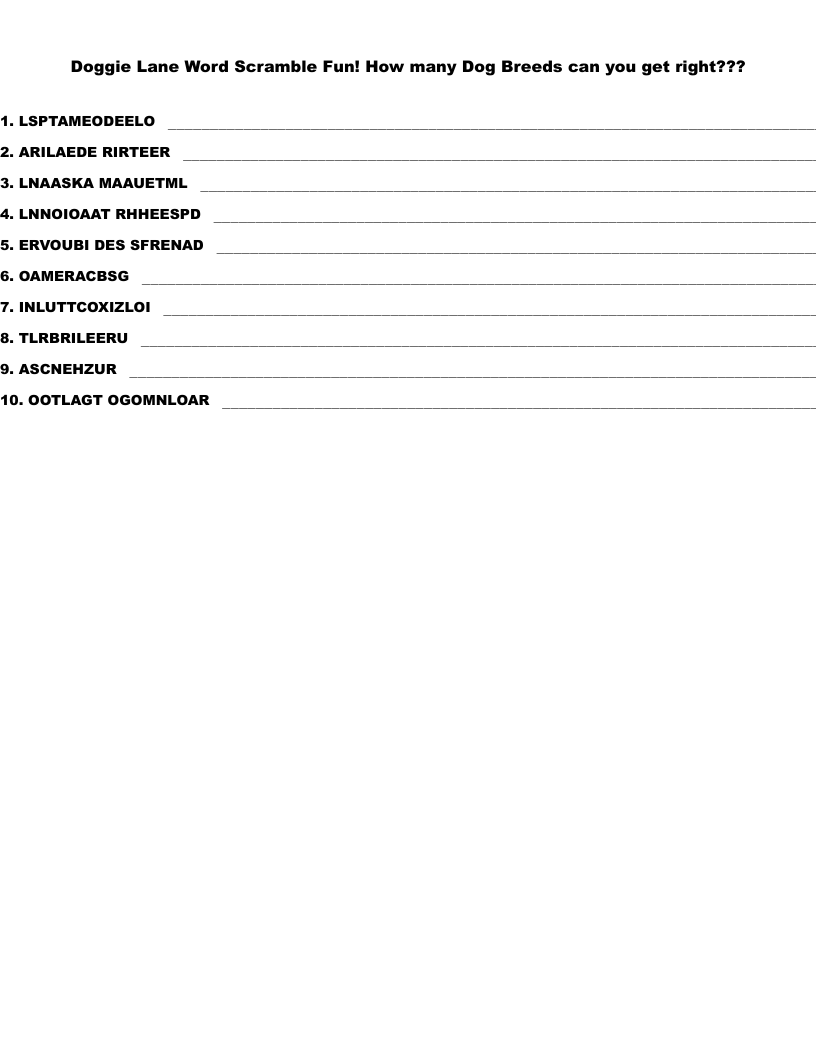 Doggie Lane Word Scramble Fun! How many Dog Breeds can you get right ...