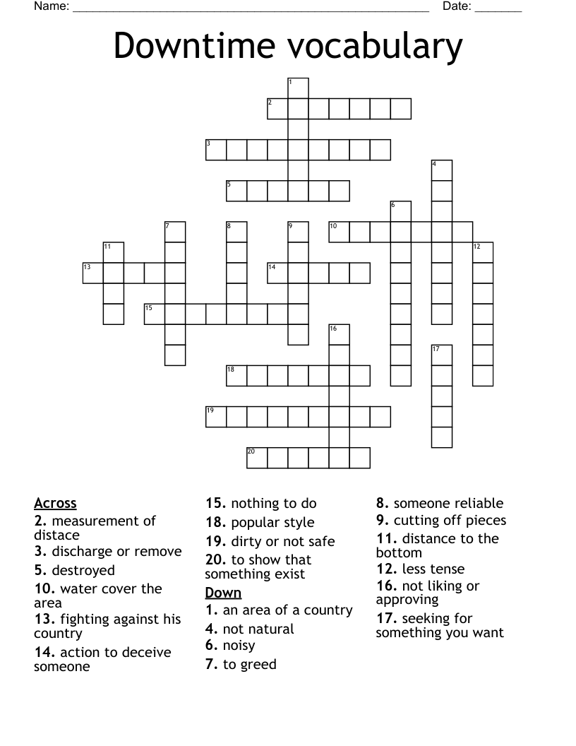 Downtime vocabulary Crossword - WordMint
