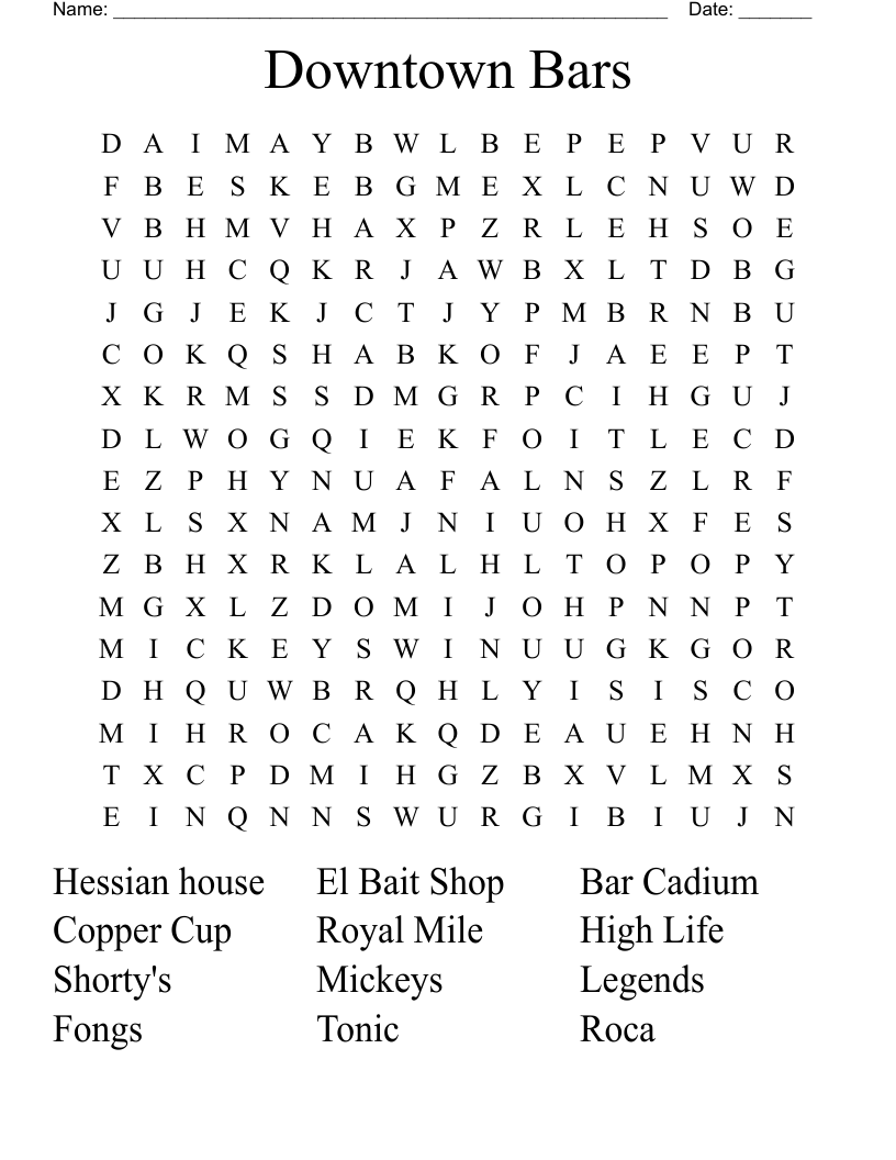 Downtown Bars Word Search - WordMint