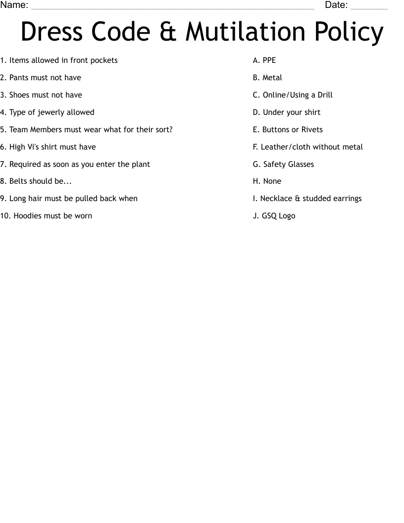 Dress Code & Mutilation Policy Worksheet - WordMint