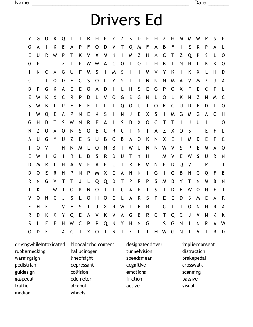 Drivers Ed Word Search - WordMint