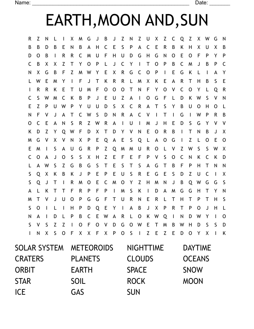 EARTH,MOON AND,SUN Word Search - WordMint