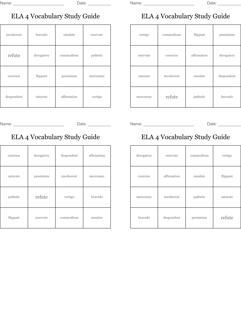 ELA 4 Vocabulary Study Guide Bingo Cards - WordMint