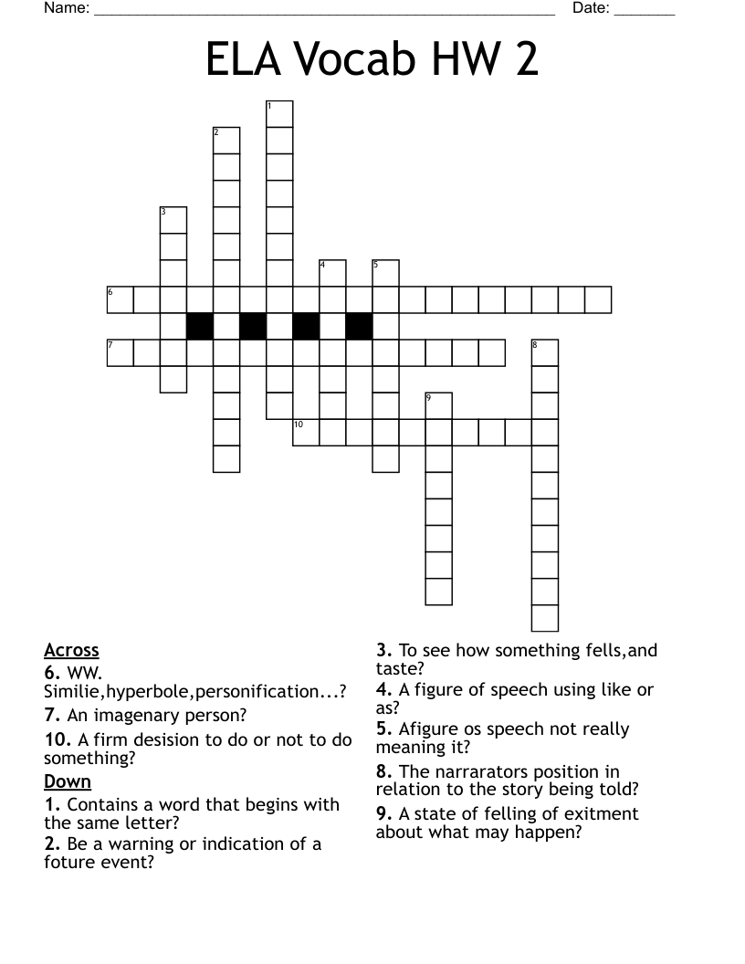 ELA Vocab HW 2 Crossword - WordMint