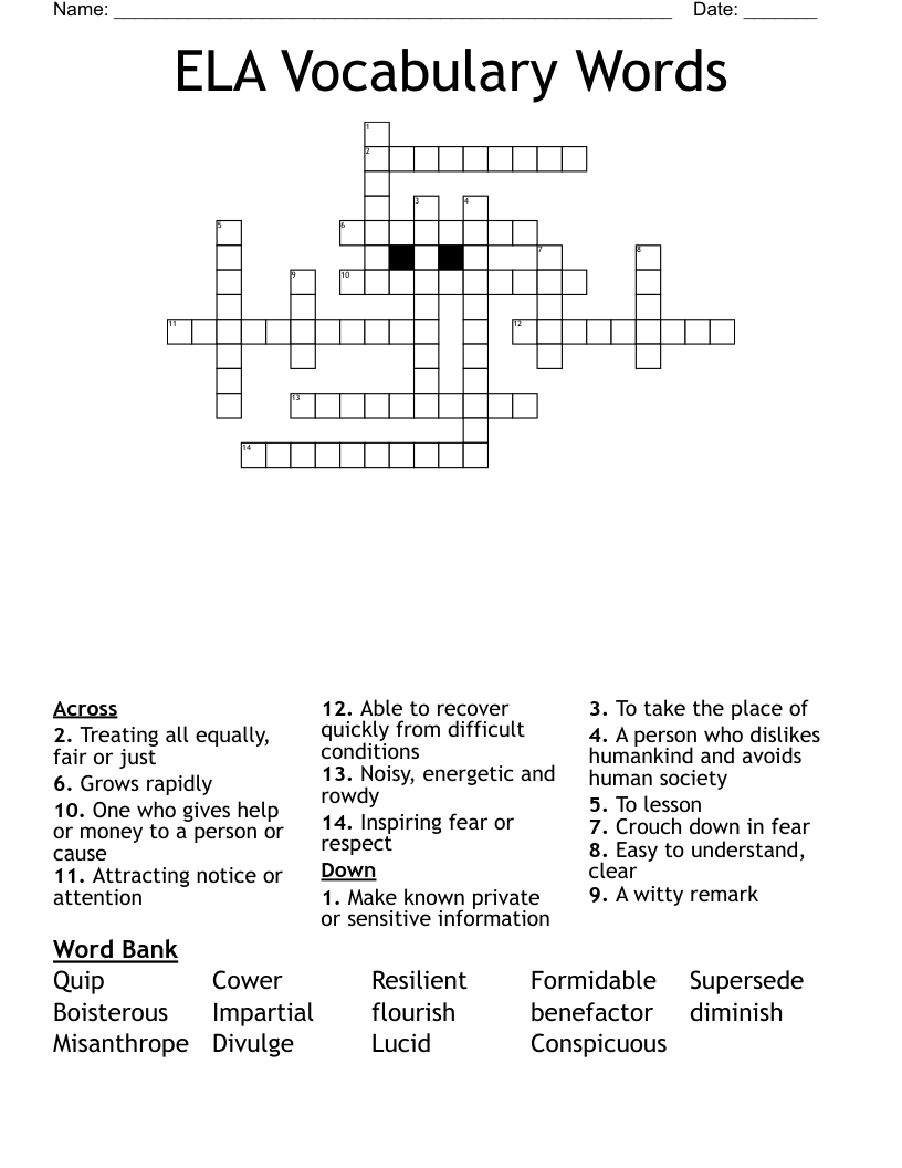 ELA Vocabulary Words Crossword WordMint