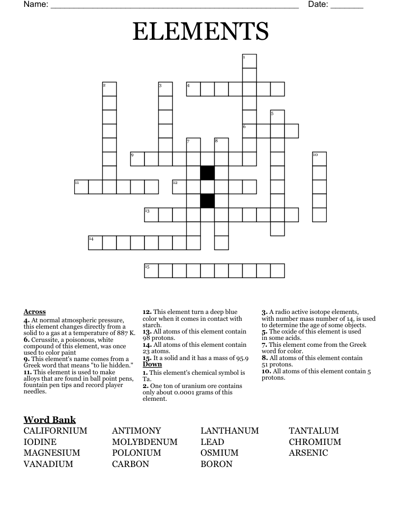 ELEMENTS Crossword - WordMint