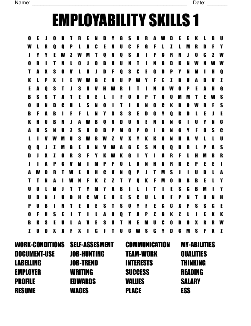 EMPLOYABILITY SKILLS 1 Word Search - WordMint
