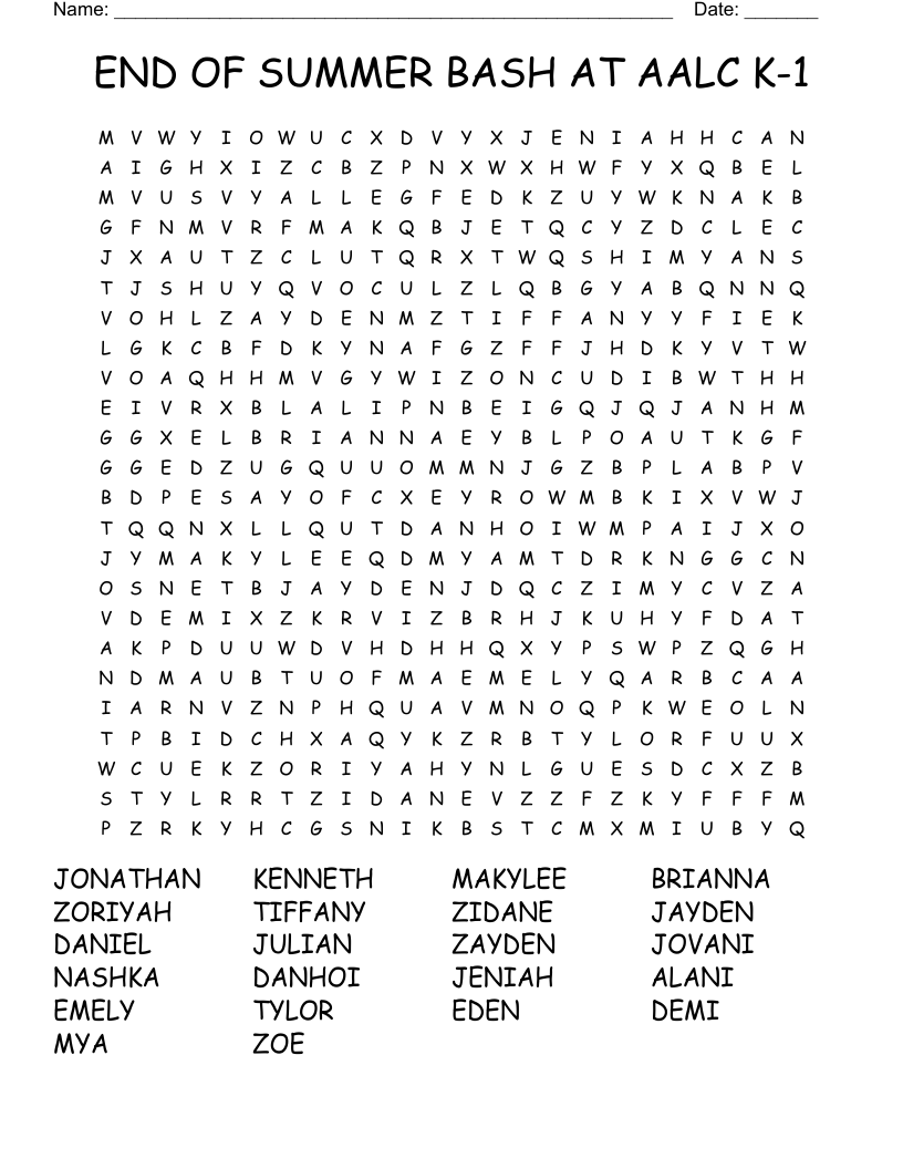 END OF SUMMER BASH AT AALC K-1 Word Search - WordMint