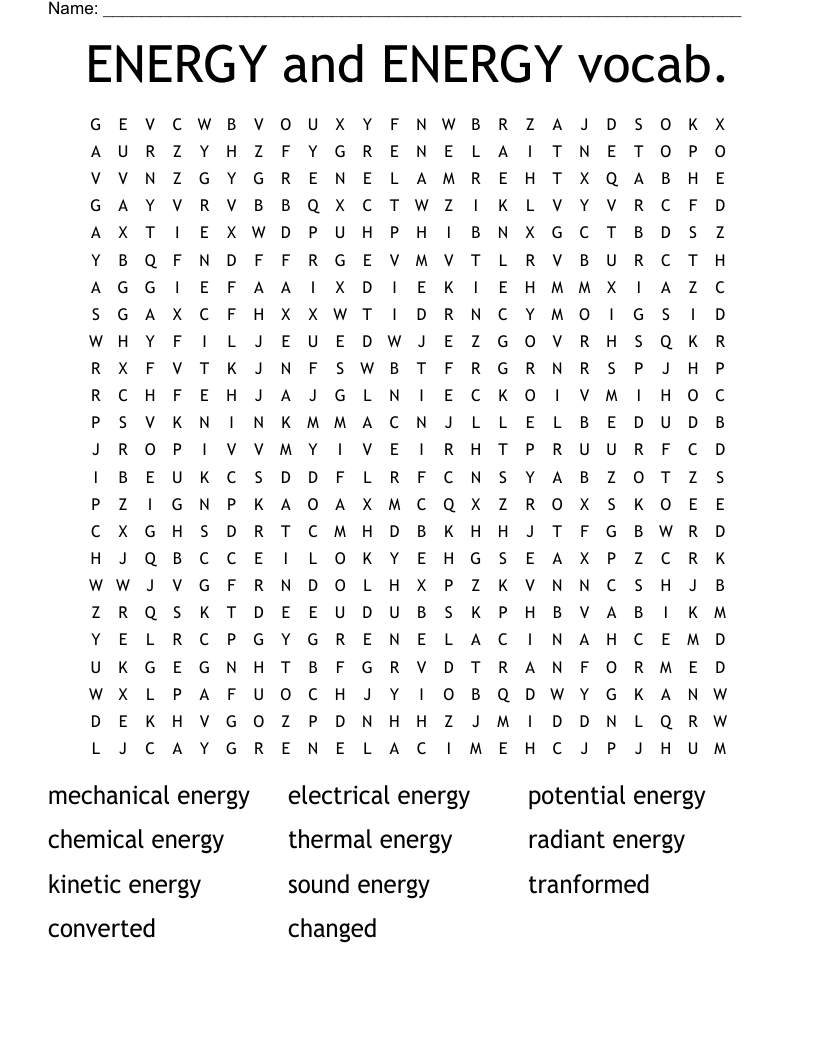ENERGY and ENERGY vocab. Word Search - WordMint