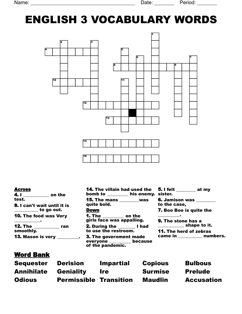 ENGLISH 3 VOCABULARY WORDS Crossword - WordMint