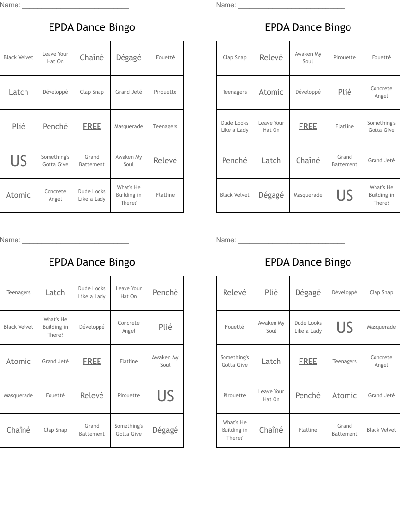 EPDA Dance Bingo - WordMint