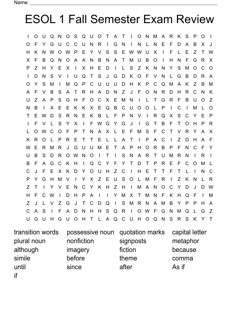 ESOL 1 Fall Semester Exam Review Word Search - WordMint