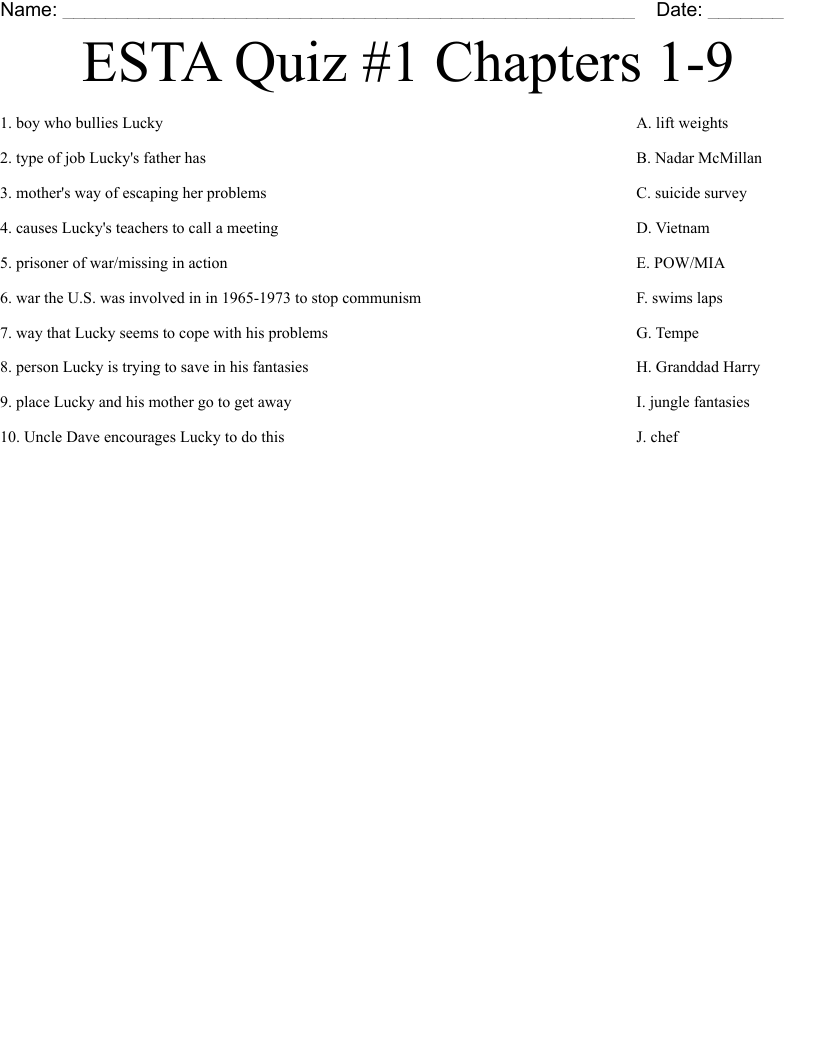 ESTA Quiz #1 Chapters 1-9 Worksheet - WordMint