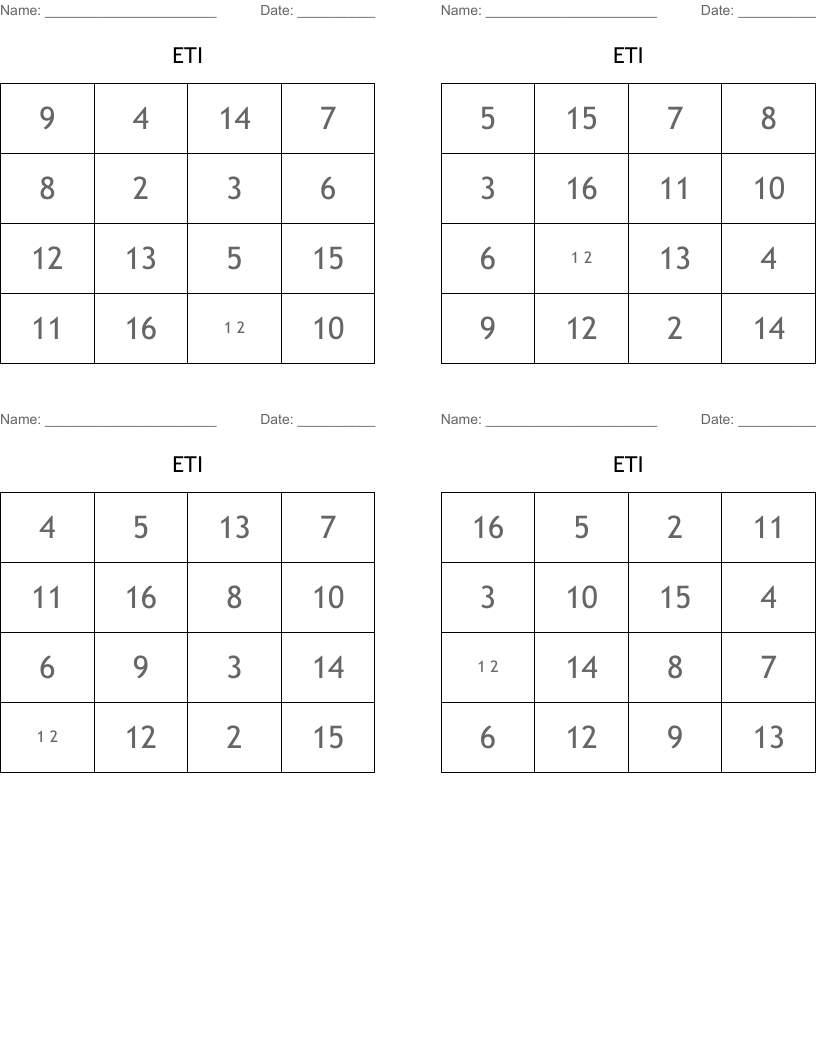 ETI Bingo Cards - WordMint