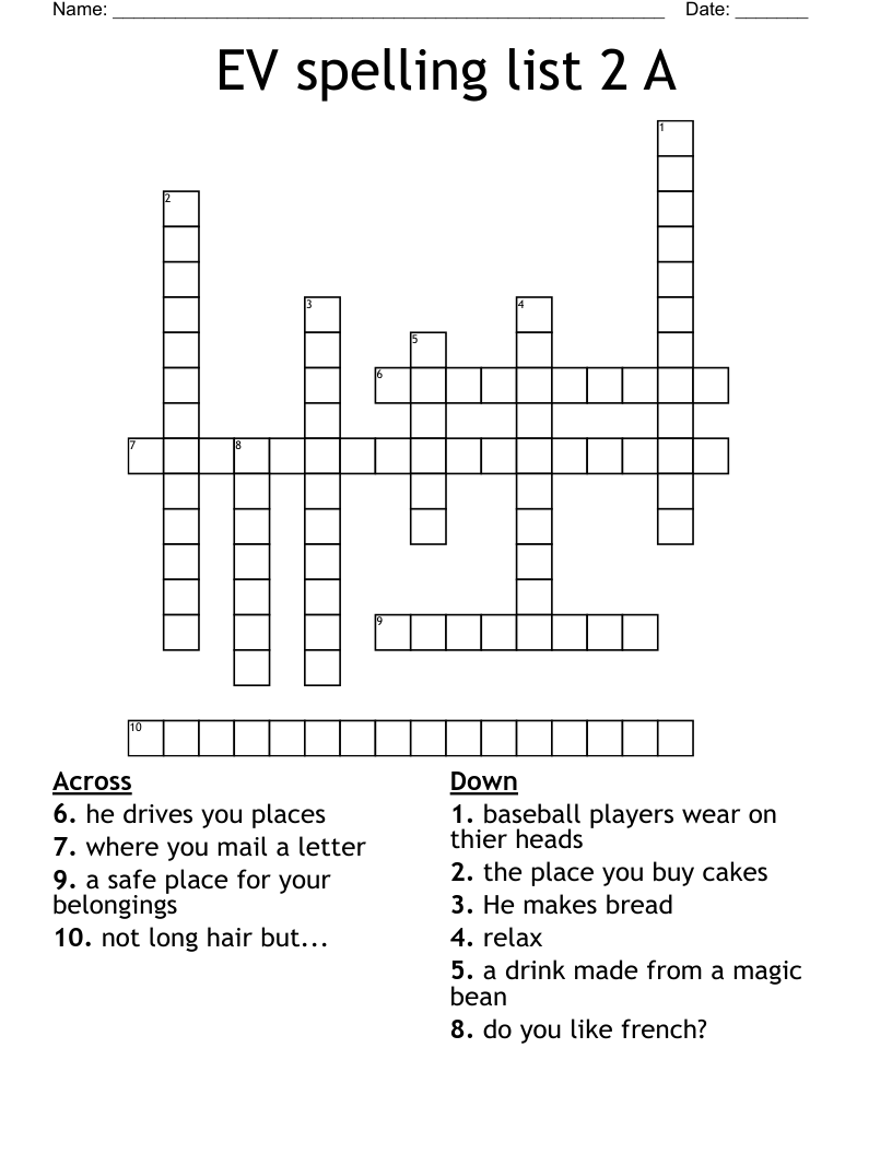 EV spelling list 2 A Crossword - WordMint