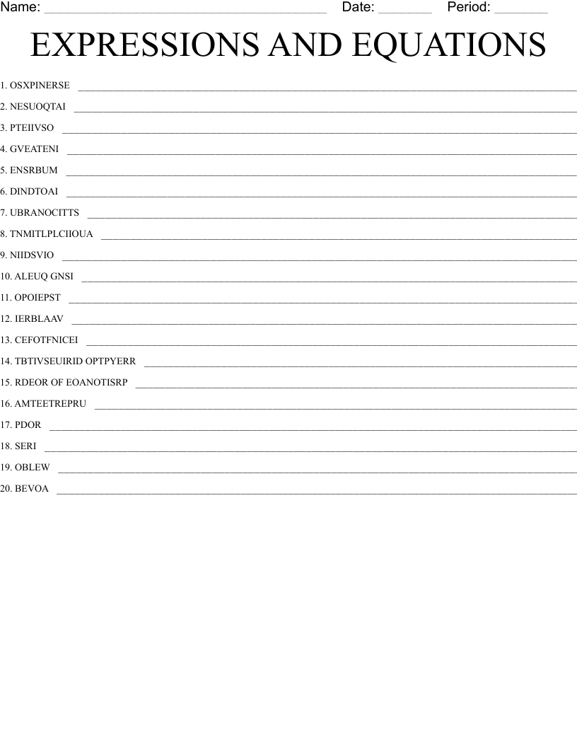 EXPRESSIONS AND EQUATIONS Word Scramble - WordMint