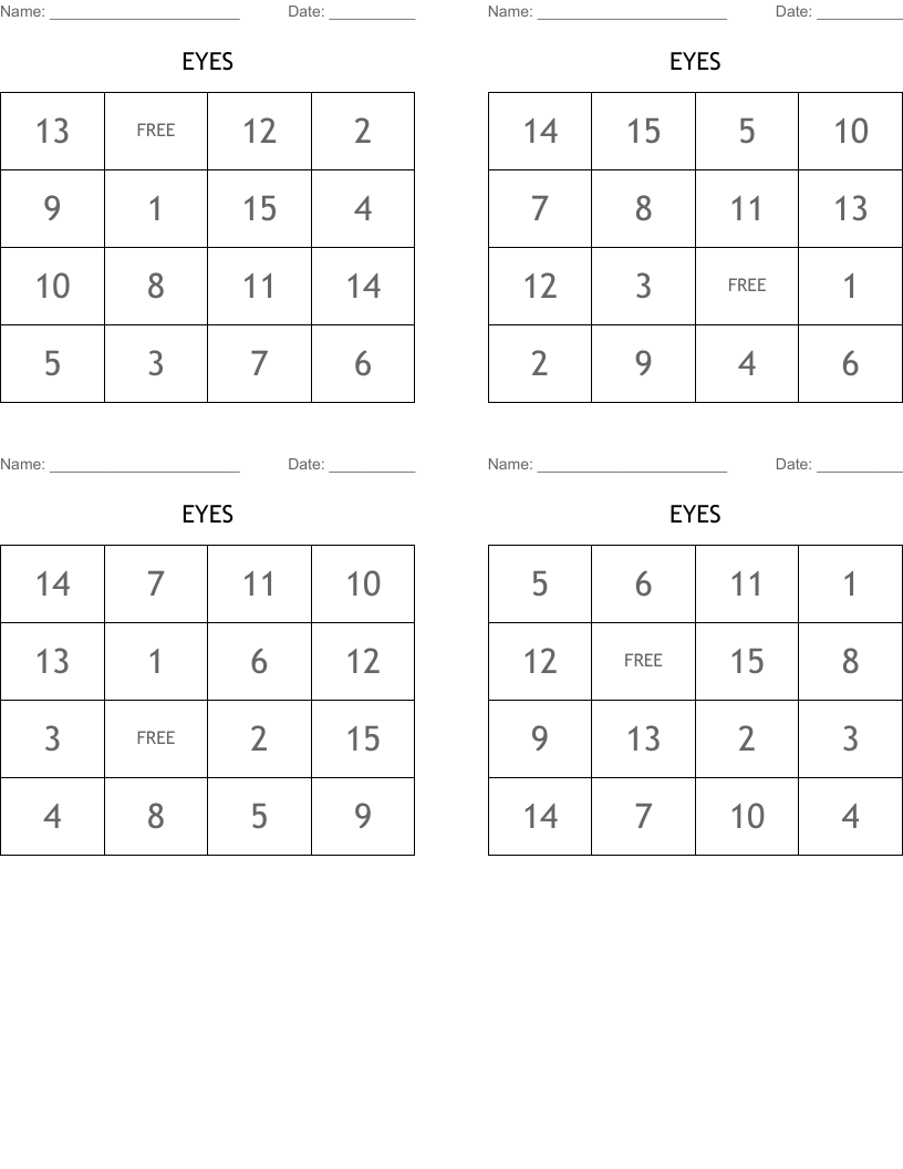 EYES Bingo Cards - WordMint