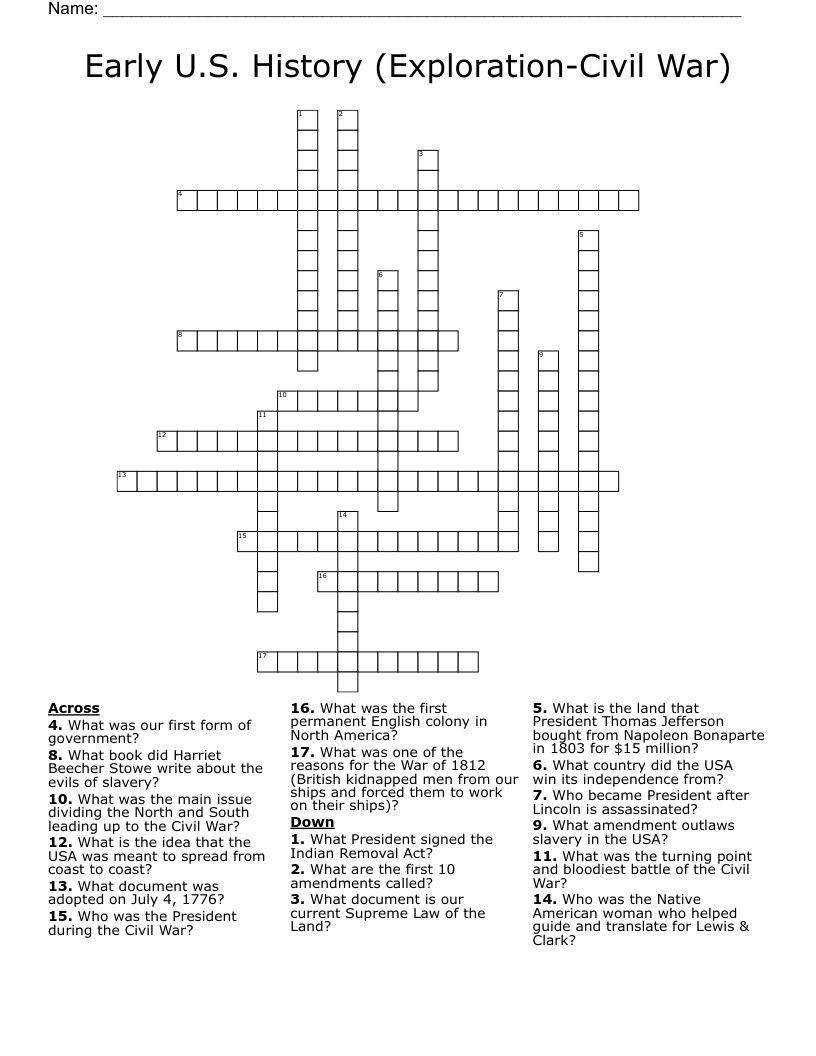 Early U.S. History (Exploration-Civil War) Crossword - WordMint