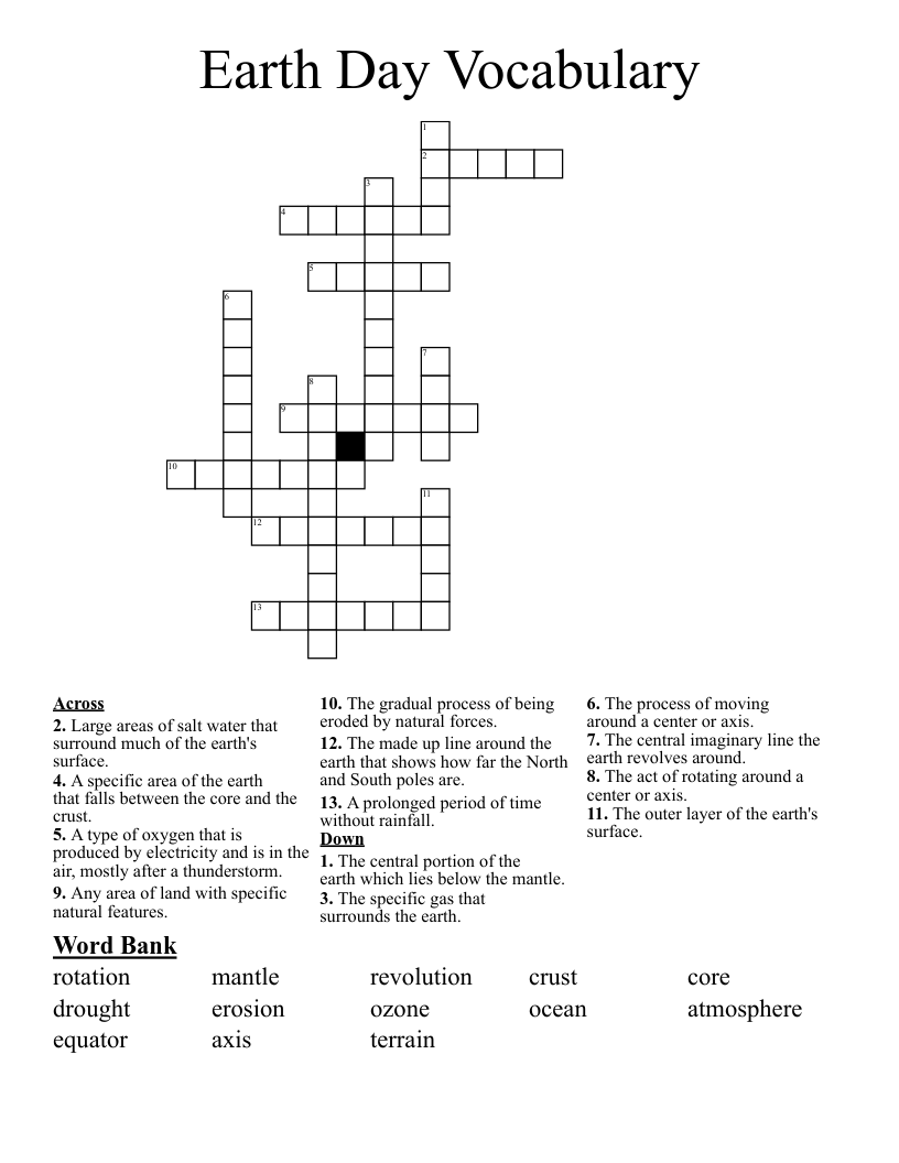 Earth Day Vocabulary Crossword - WordMint