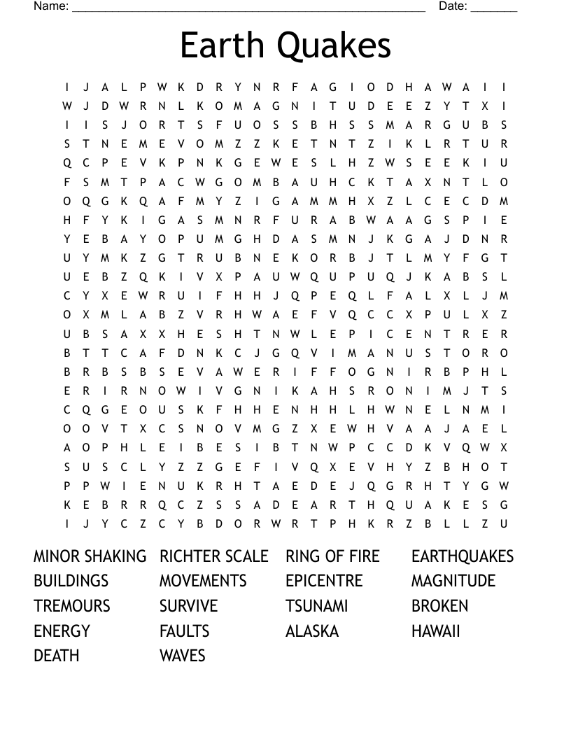Earth Quakes Word Search - WordMint