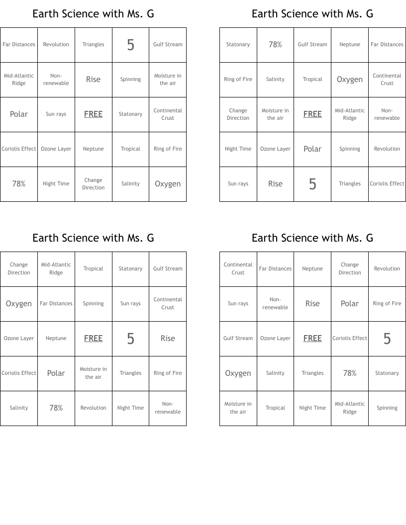 Earth Science with Ms. G Bingo Cards - WordMint