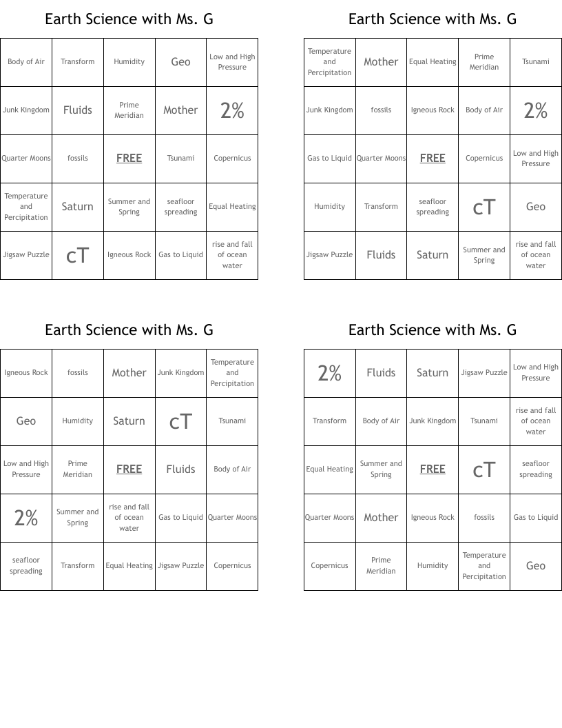 Earth Science with Ms. G Bingo Cards - WordMint