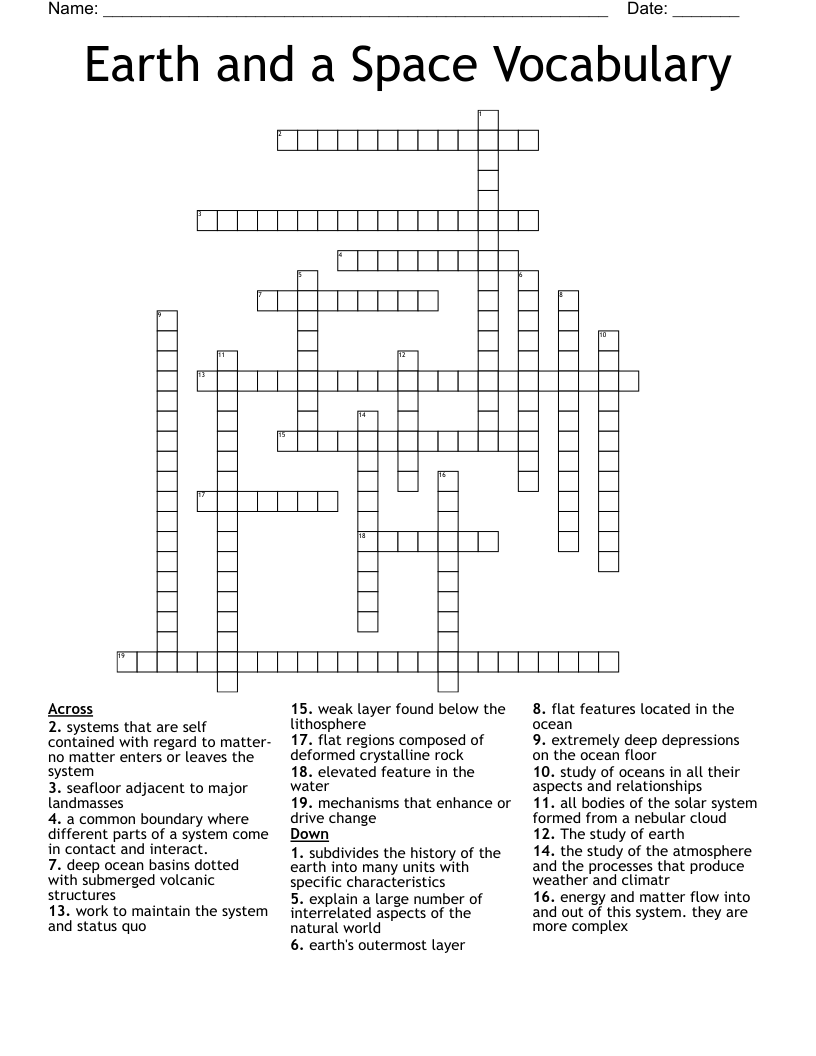 Earth and a Space Vocabulary Crossword - WordMint