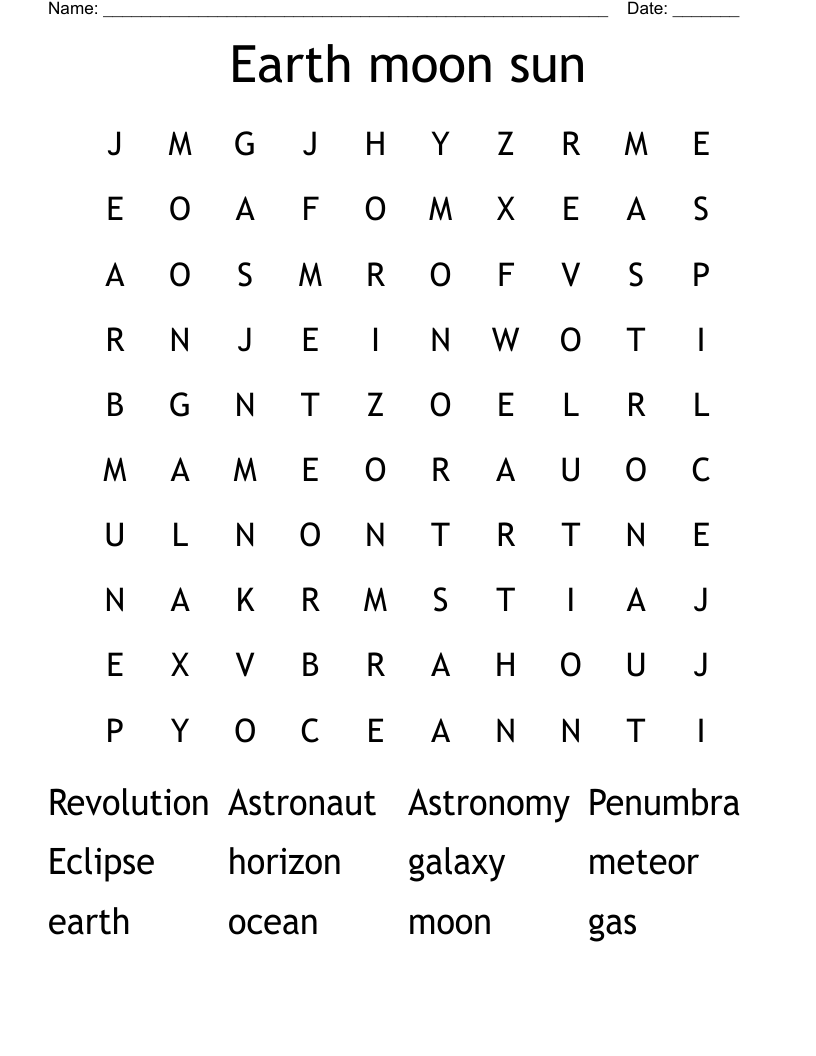Earth moon sun Word Search - WordMint