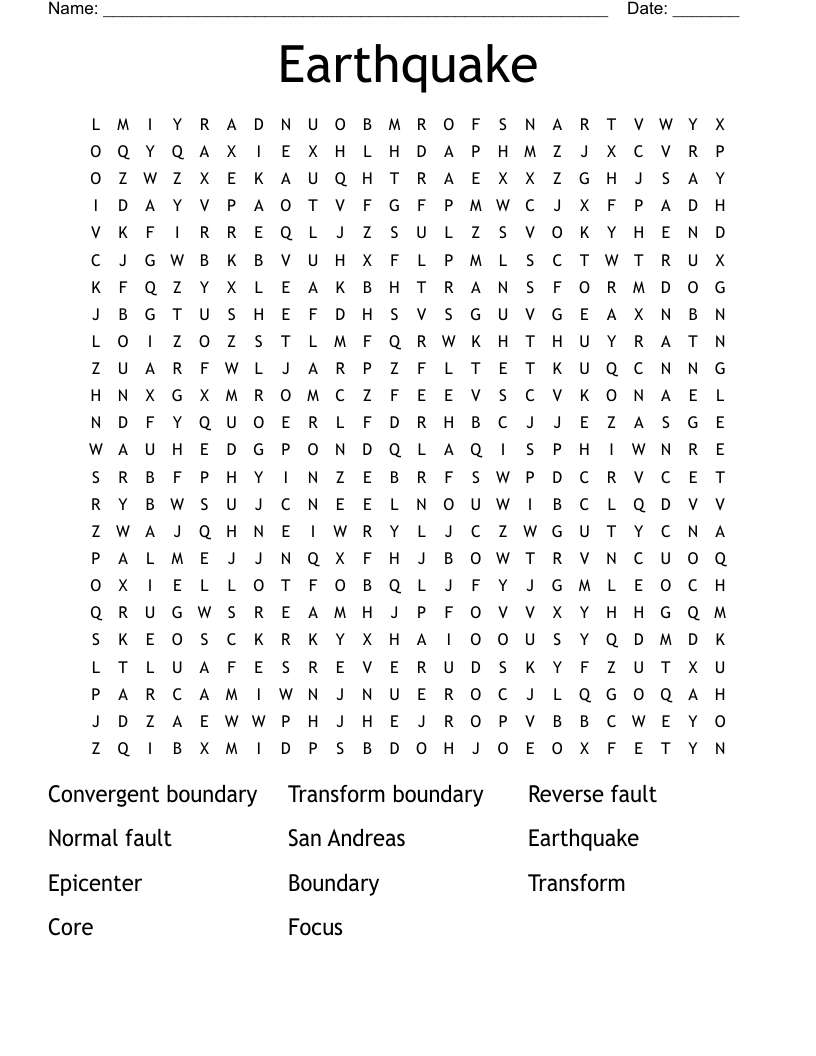 Earthquake Word Search - WordMint