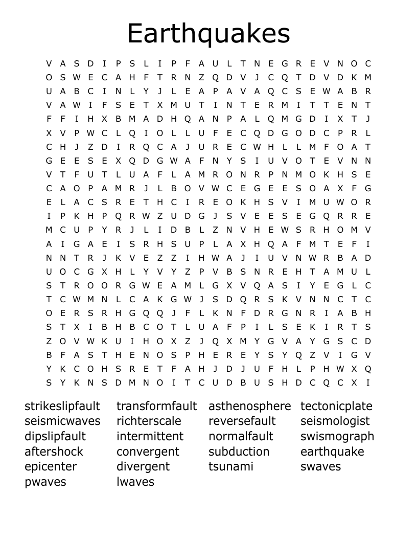 Earthquakes Word Search - WordMint