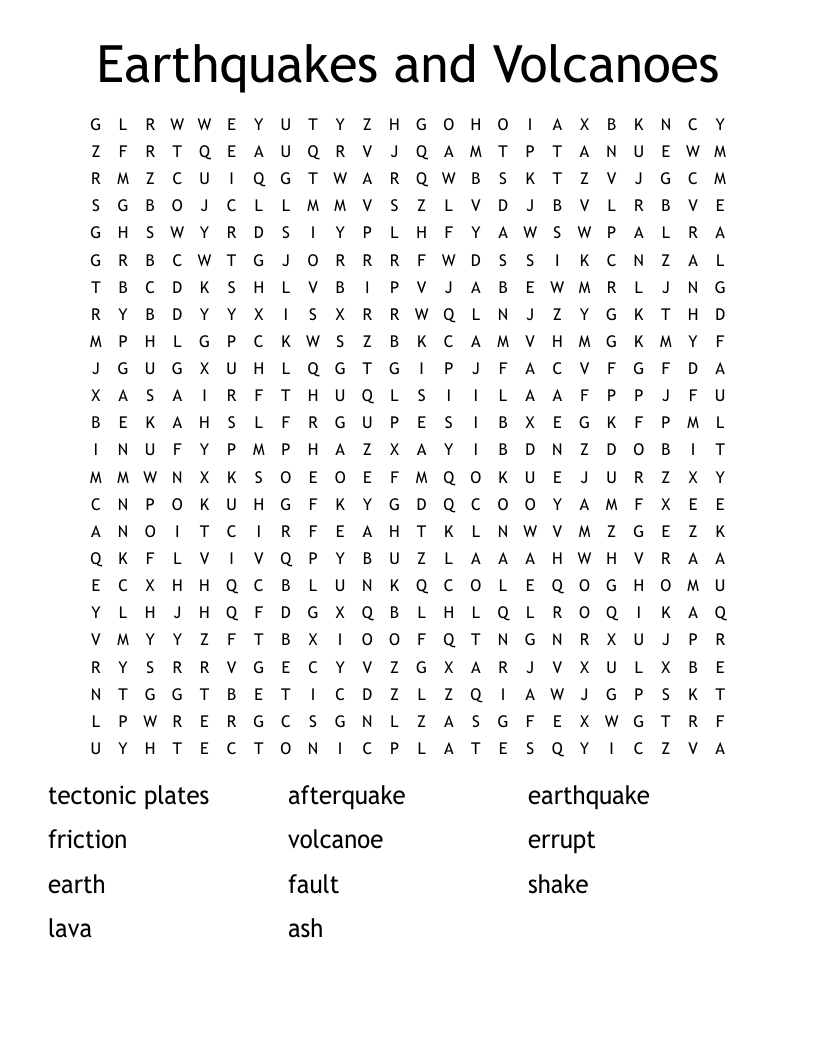 Earthquakes and Volcanoes Word Search - WordMint