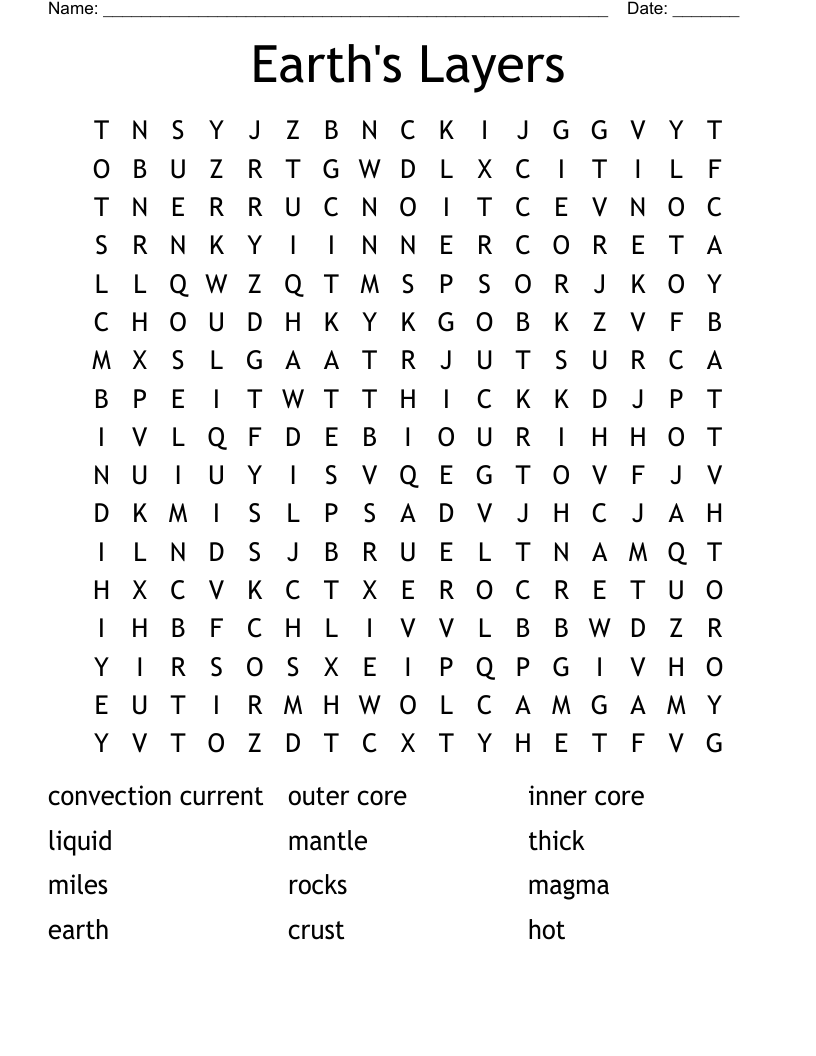 Earth's Layers Word Search - WordMint