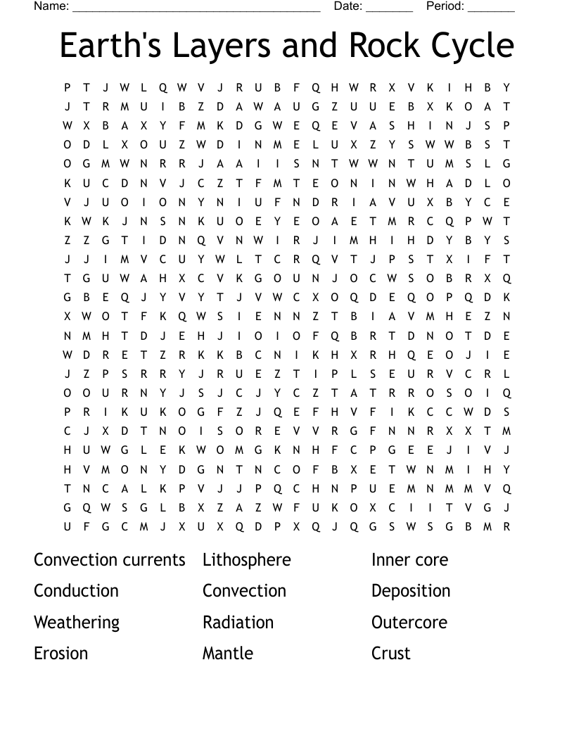 Earth's Layers and Rock Cycle Word Search - WordMint